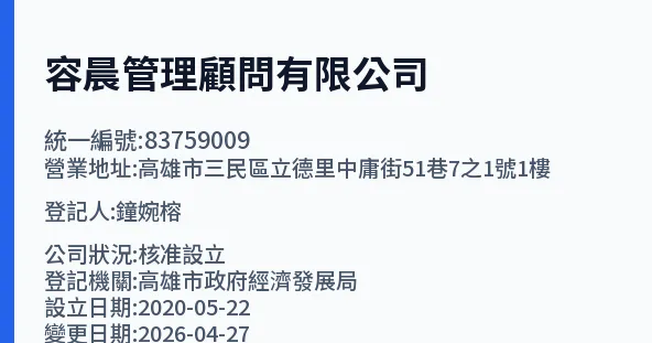 容晨管理顧問有限公司的照片-統編 83759009(高雄市) 公司登記資料與營業項目詳細圖表