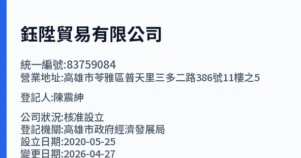 鈺陞貿易有限公司的照片-統編 83759084(高雄市) 公司登記資料與營業項目詳細圖表