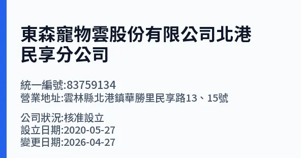 東森寵物雲股份有限公司北港民享分公司的照片-統編 83759134(雲林縣) 公司登記資料與營業項目詳細圖表