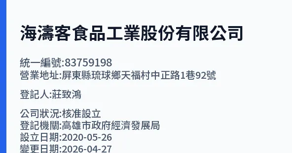 海濤客食品工業股份有限公司的照片-統編 83759198(屏東縣) 公司登記資料與營業項目詳細圖表