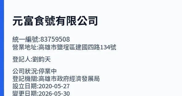 元富食號有限公司的照片-統編 83759508(高雄市) 公司登記資料與營業項目詳細圖表