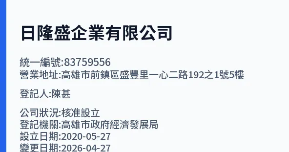 日隆盛企業有限公司的照片-統編 83759556(高雄市) 公司登記資料與營業項目詳細圖表