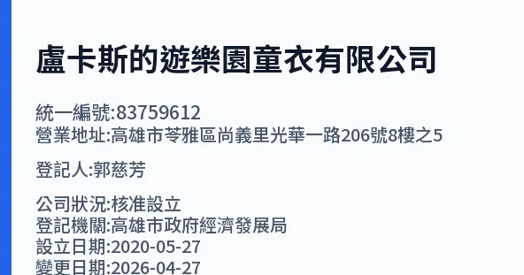 盧卡斯的遊樂園童衣有限公司的照片-統編 83759612(高雄市) 公司登記資料與營業項目詳細圖表