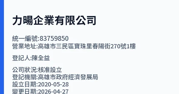 力暘企業有限公司的照片-統編 83759850(高雄市) 公司登記資料與營業項目詳細圖表