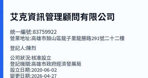 艾克資訊管理顧問有限公司的照片-統編 83759922(高雄市) 公司登記資料與營業項目詳細圖表