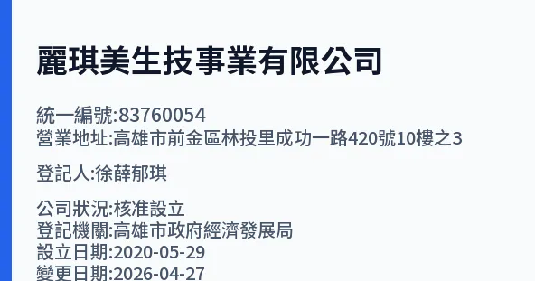 麗琪美生技事業有限公司的照片-統編 83760054(高雄市) 公司登記資料與營業項目詳細圖表