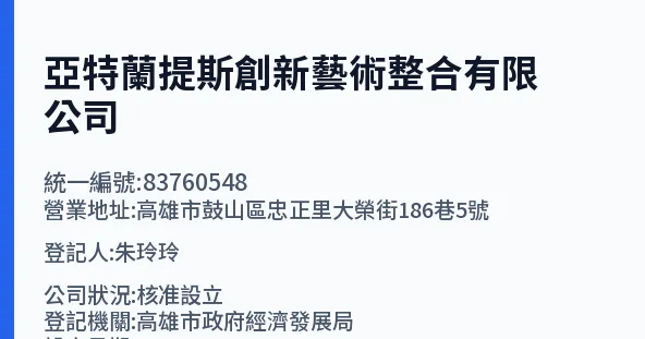 亞特蘭提斯創新藝術整合有限公司的照片-統編 83760548(高雄市) 公司登記資料與營業項目詳細圖表
