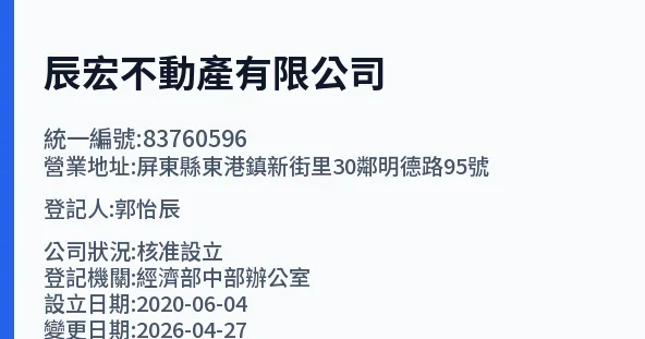 辰宏不動產有限公司的照片-統編 83760596(屏東縣) 公司登記資料與營業項目詳細圖表