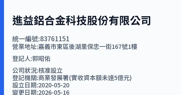進益鋁合金科技股份有限公司的照片-統編 83761151(嘉義市) 公司登記資料與營業項目詳細圖表