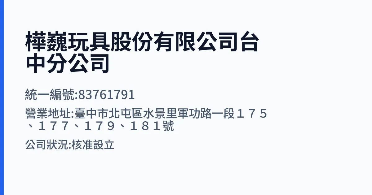 樺巍玩具股份有限公司台中分公司 - 統編 83761791(臺中市) 公司登記資料與營業項目詳細圖表