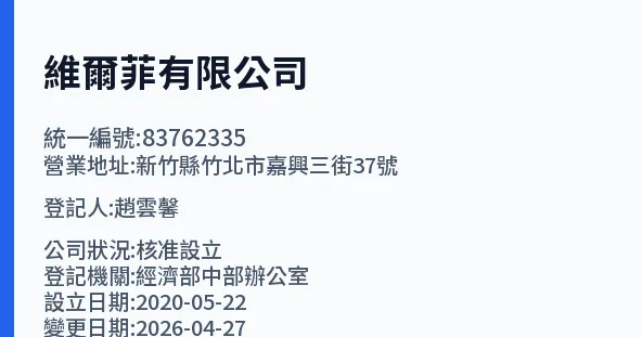 維爾菲有限公司的照片-統編 83762335(新竹縣) 公司登記資料與營業項目詳細圖表