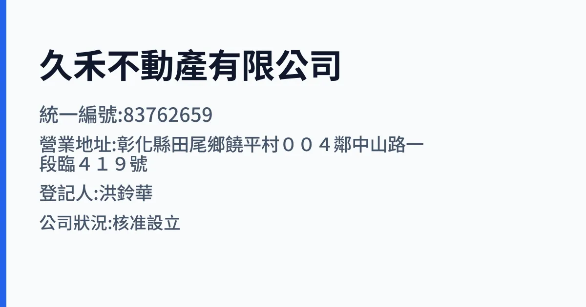 久禾不動產有限公司 - 統編 83762659(彰化縣) 公司登記資料與營業項目詳細圖表