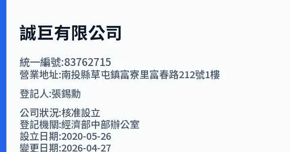 誠巨有限公司的照片-統編 83762715(南投縣) 公司登記資料與營業項目詳細圖表
