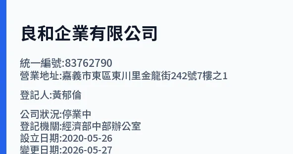 良和企業有限公司的照片-統編 83762790(嘉義市) 公司登記資料與營業項目詳細圖表