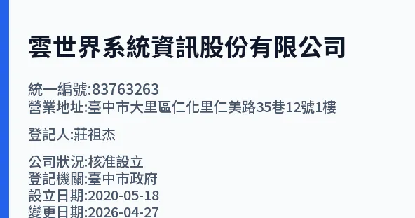 雲世界系統資訊股份有限公司的照片-統編 83763263(臺中市) 公司登記資料與營業項目詳細圖表