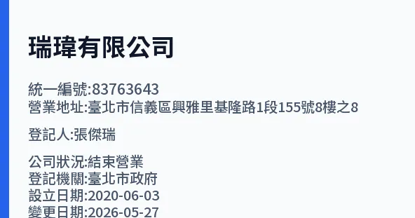 瑞瑋有限公司的照片-統編 83763643(臺北市) 公司登記資料與營業項目詳細圖表