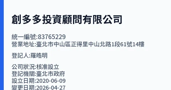 創多多投資顧問有限公司的照片-統編 83765229(臺北市) 公司登記資料與營業項目詳細圖表