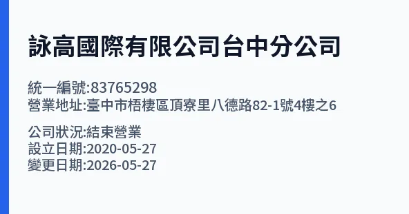 詠高國際有限公司台中分公司的照片-統編 83765298(臺中市) 公司登記資料與營業項目詳細圖表