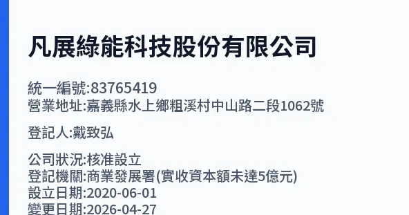 凡展綠能科技股份有限公司的照片-統編 83765419(嘉義縣) 公司登記資料與營業項目詳細圖表