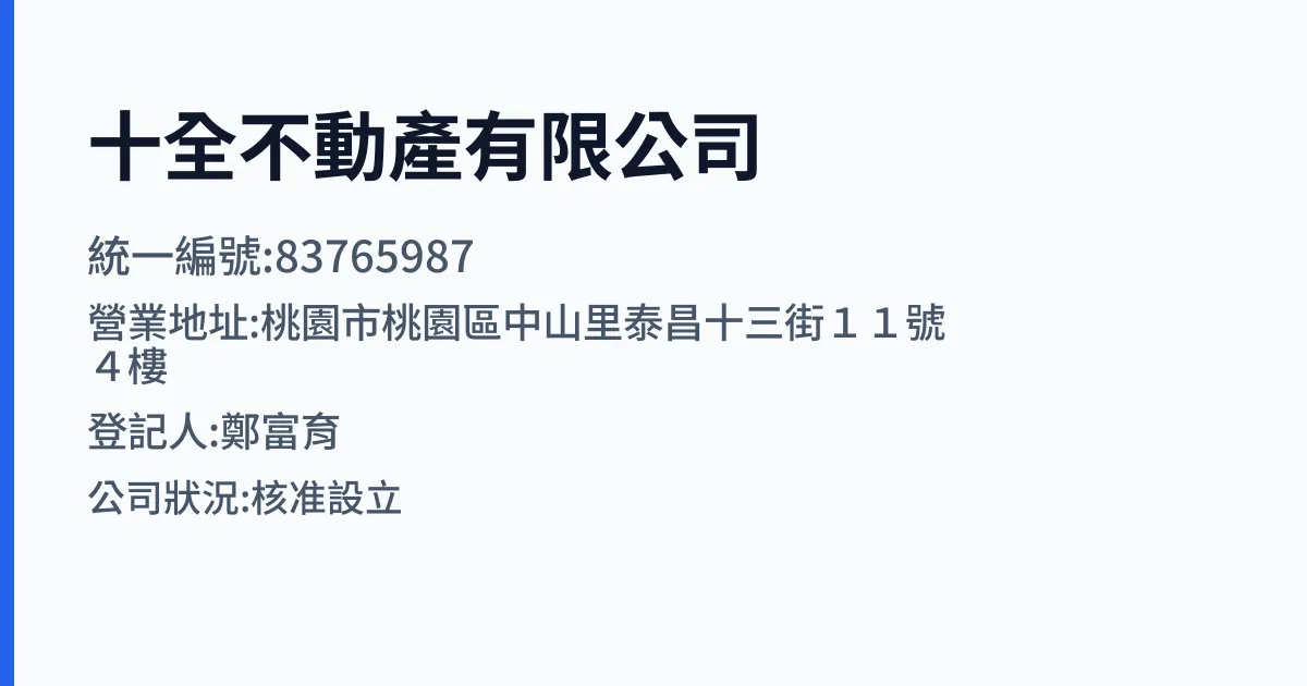 十全不動產有限公司 - 統編 83765987（桃園市） 公司登記資料與營業項目詳細圖表