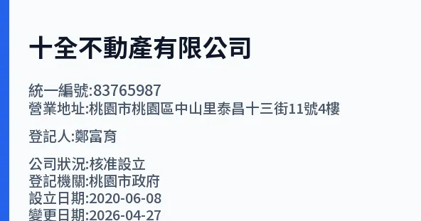 十全不動產有限公司的照片-統編 83765987(桃園市) 公司登記資料與營業項目詳細圖表