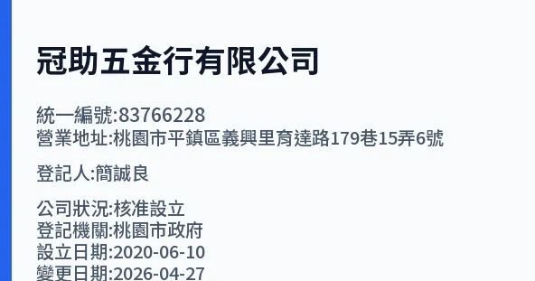 冠助五金行有限公司的照片-統編 83766228(桃園市) 公司登記資料與營業項目詳細圖表