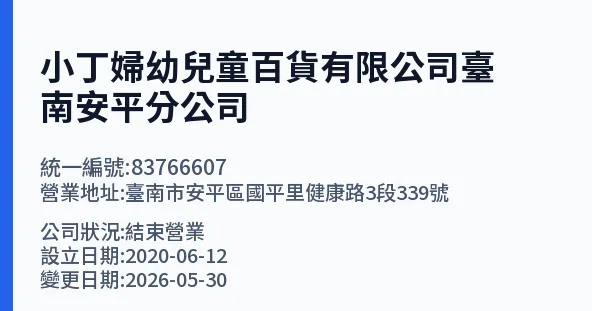 小丁婦幼兒童百貨有限公司臺南安平分公司的照片-統編 83766607(臺南市) 公司登記資料與營業項目詳細圖表