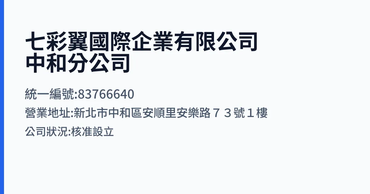 七彩翼國際企業有限公司中和分公司 - 統編 83766640(新北市) 公司登記資料與營業項目詳細圖表
