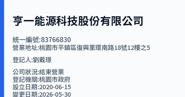 亨一能源科技股份有限公司的照片-統編 83766830(桃園市) 公司登記資料與營業項目詳細圖表