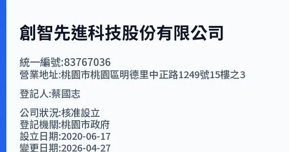 創智先進科技股份有限公司的照片-統編 83767036(桃園市) 公司登記資料與營業項目詳細圖表