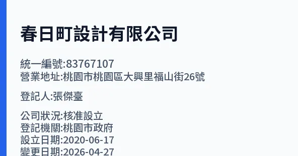 春日町設計有限公司的照片-統編 83767107(桃園市) 公司登記資料與營業項目詳細圖表