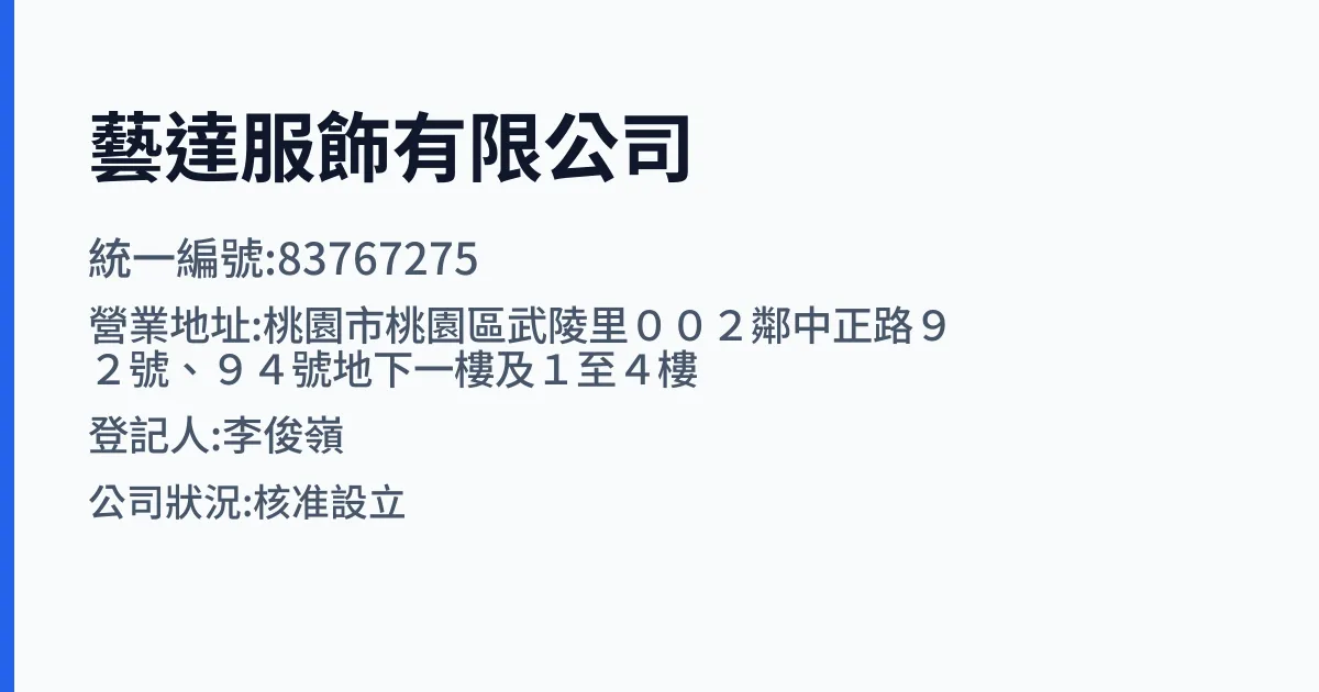 藝達服飾有限公司 - 統編 83767275(桃園市) 公司登記資料與營業項目詳細圖表