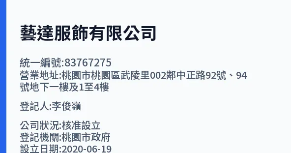 藝達服飾有限公司的照片-統編 83767275(桃園市) 公司登記資料與營業項目詳細圖表