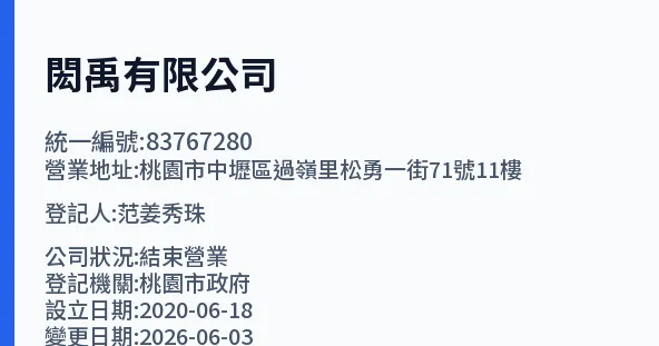 閎禹有限公司的照片-統編 83767280(桃園市) 公司登記資料與營業項目詳細圖表