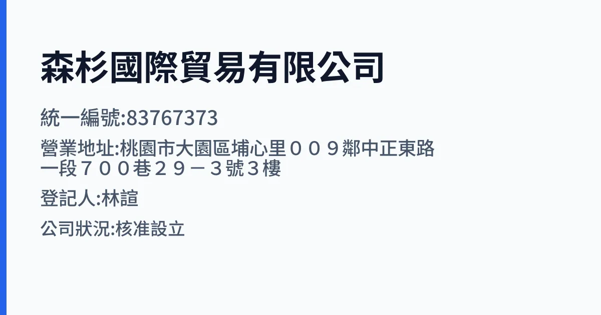 森杉國際貿易有限公司 - 統編 83767373(桃園市) 公司登記資料與營業項目詳細圖表