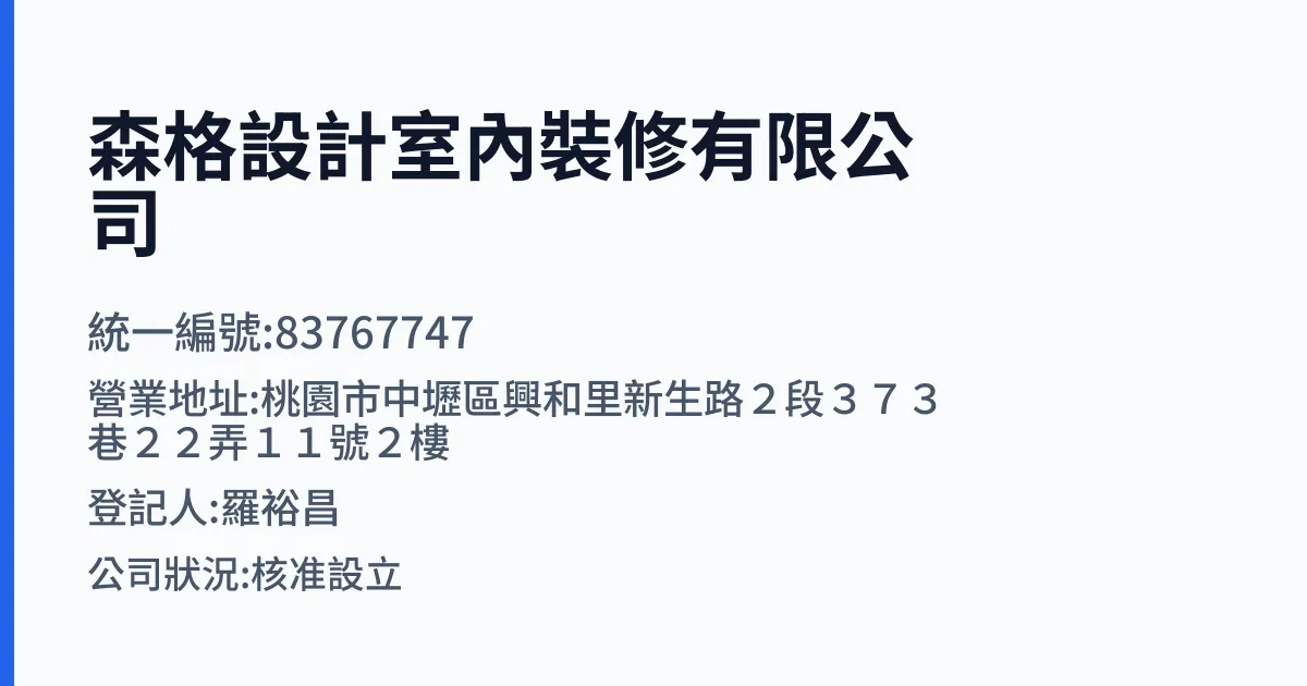 森格設計室內裝修有限公司 - 統編 83767747(桃園市) 公司登記資料與營業項目詳細圖表