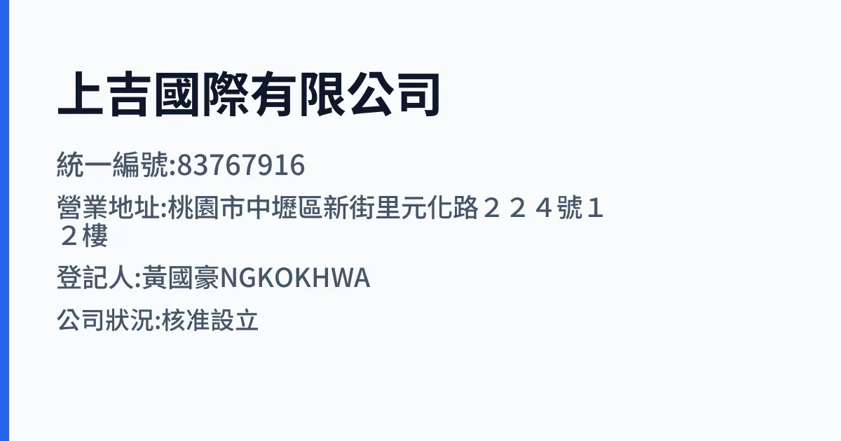 上吉國際有限公司 - 統編 83767916(桃園市) 公司登記資料與營業項目詳細圖表