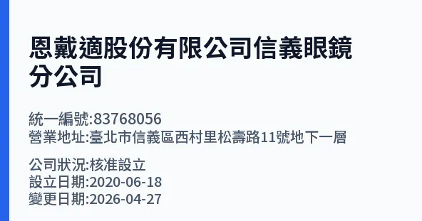 恩戴適股份有限公司信義眼鏡分公司的照片-統編 83768056(臺北市) 公司登記資料與營業項目詳細圖表