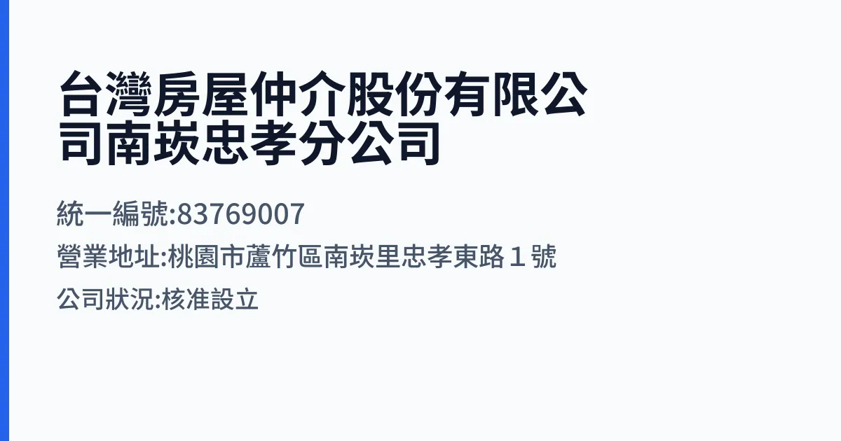台灣房屋仲介股份有限公司南崁忠孝分公司 - 統編 83769007(桃園市) 公司登記資料與營業項目詳細圖表
