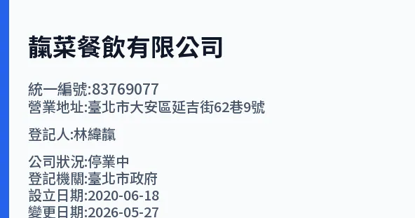 靝菜餐飲有限公司的照片-統編 83769077(臺北市) 公司登記資料與營業項目詳細圖表