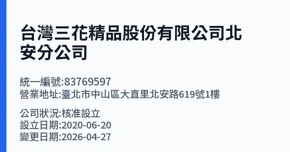 台灣三花精品股份有限公司北安分公司的照片-統編 83769597(臺北市) 公司登記資料與營業項目詳細圖表