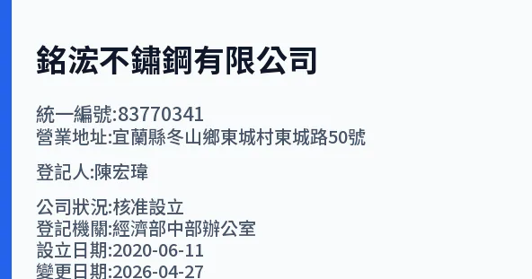 銘浤不鏽鋼有限公司的照片-統編 83770341(宜蘭縣) 公司登記資料與營業項目詳細圖表