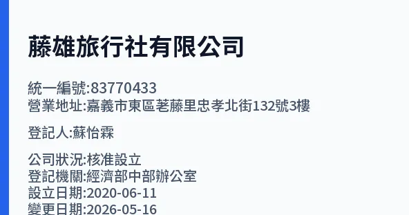 藤雄旅行社有限公司的照片-統編 83770433(嘉義市) 公司登記資料與營業項目詳細圖表
