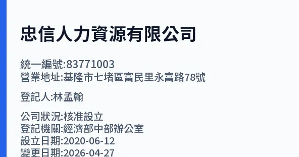 忠信人力資源有限公司的照片-統編 83771003(基隆市) 公司登記資料與營業項目詳細圖表