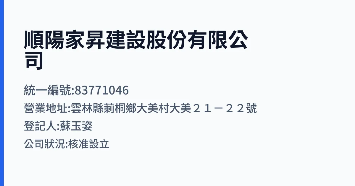 順陽家昇建設股份有限公司 - 統編 83771046(雲林縣) 公司登記資料與營業項目詳細圖表