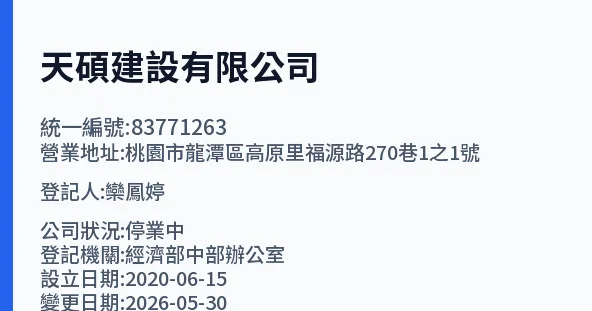 天碩建設有限公司的照片-統編 83771263(桃園市) 公司登記資料與營業項目詳細圖表