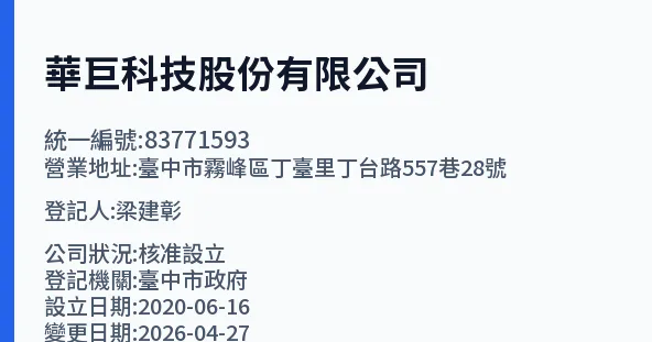 華巨科技股份有限公司的照片-統編 83771593(臺中市) 公司登記資料與營業項目詳細圖表