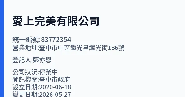 愛上完美有限公司的照片-統編 83772354(臺中市) 公司登記資料與營業項目詳細圖表