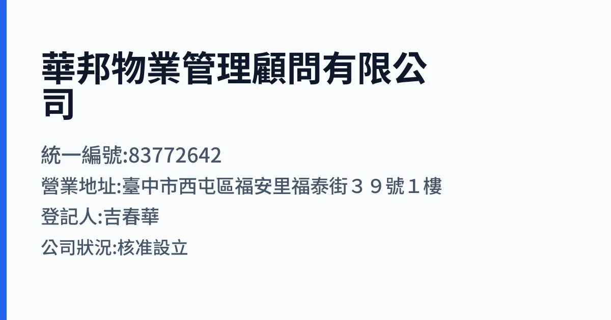 華邦物業管理顧問有限公司 - 統編 83772642(臺中市) 公司登記資料與營業項目詳細圖表