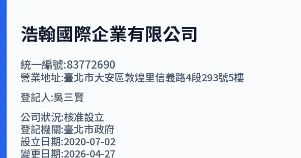 浩翰國際企業有限公司的照片-統編 83772690(臺北市) 公司登記資料與營業項目詳細圖表